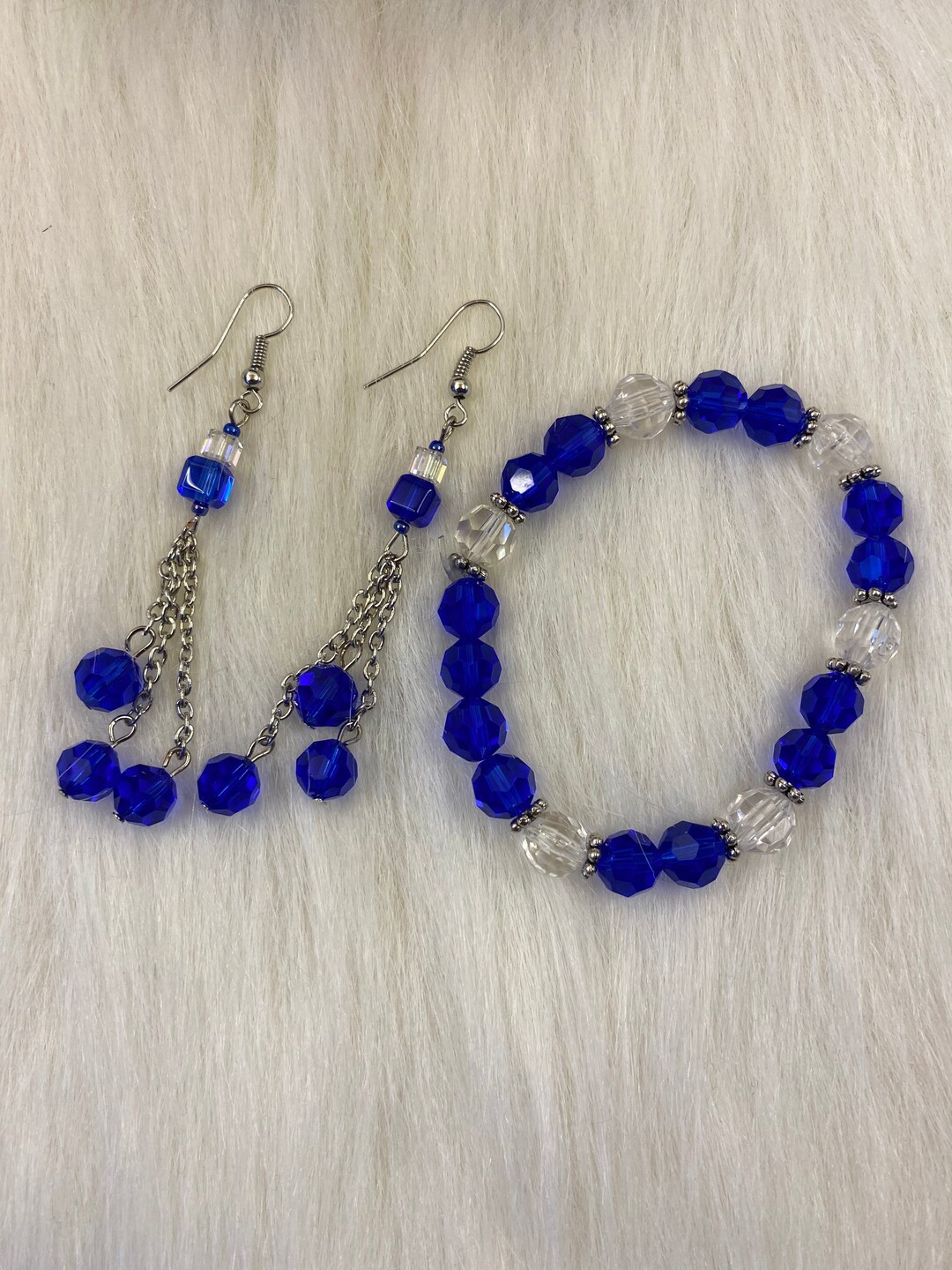 Handmade Earrings & Bracelet Set, Blue Clear Beads, Blue, Clear Square ...