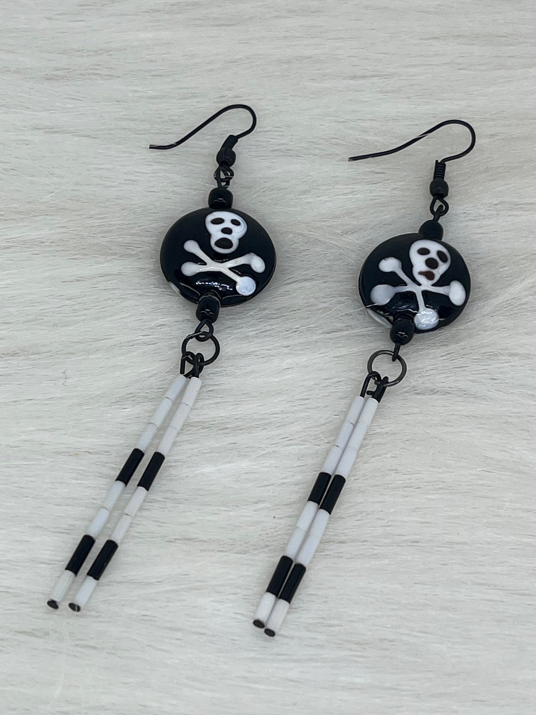 Handmade Earrings, Black, White Bugle Beads, Black, White Skeleton Bead ...