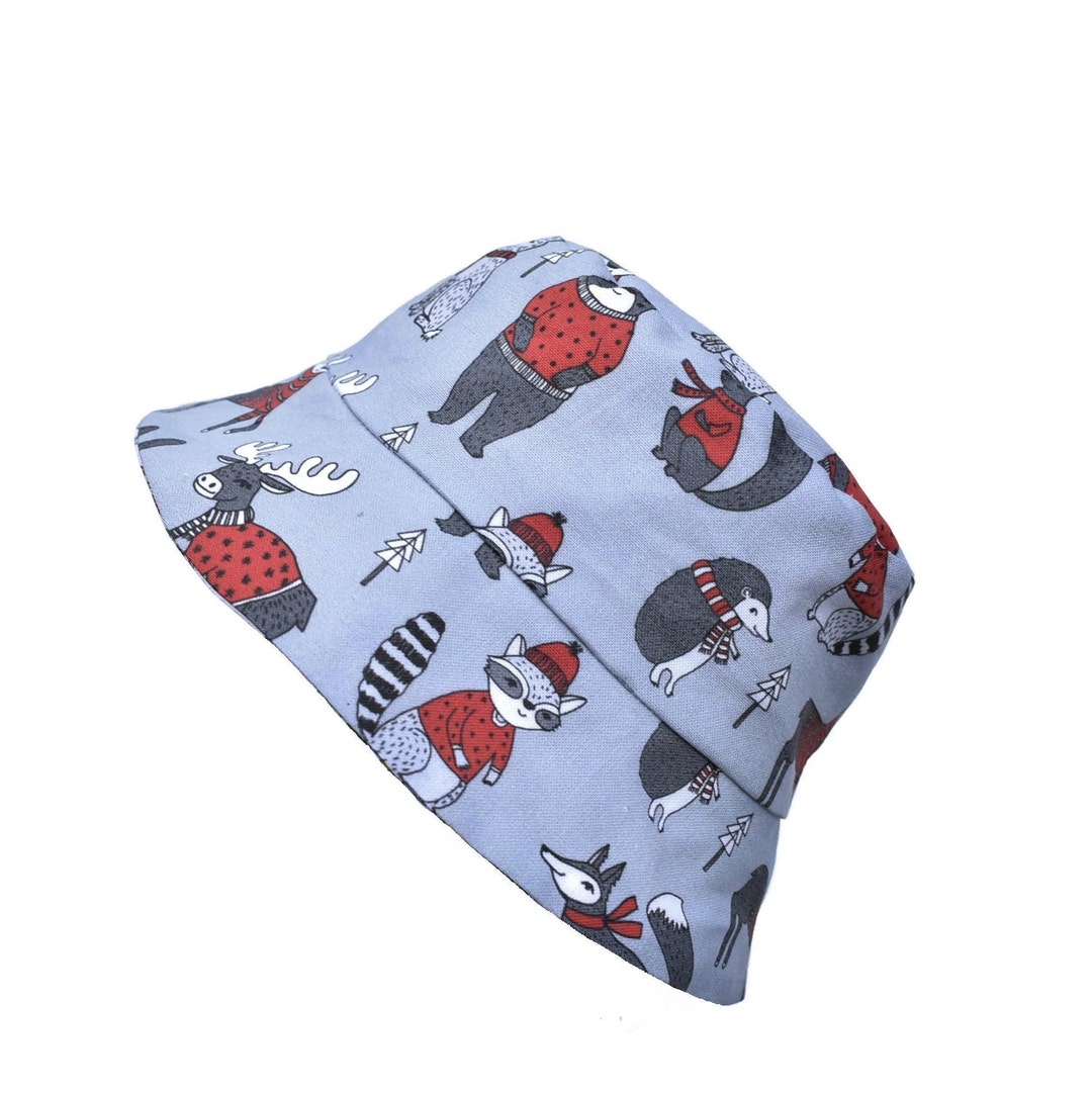 Christmas Bucket Hat, Woodland Animals Festive Holidays, Reversible Hat ...