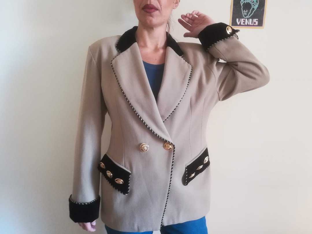 Vintage BESTINI PARIS Jacket: 80s Sand Cotton, Velvet Lapel, Golden ...
