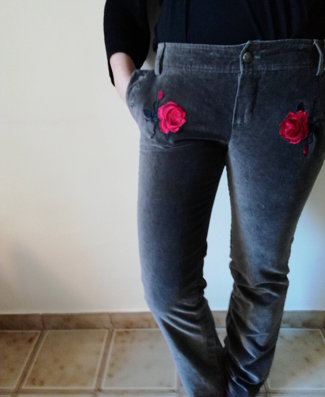 Grey Velvet Trousers: Italian Rose Patch Pants, Sz. S - Etsy