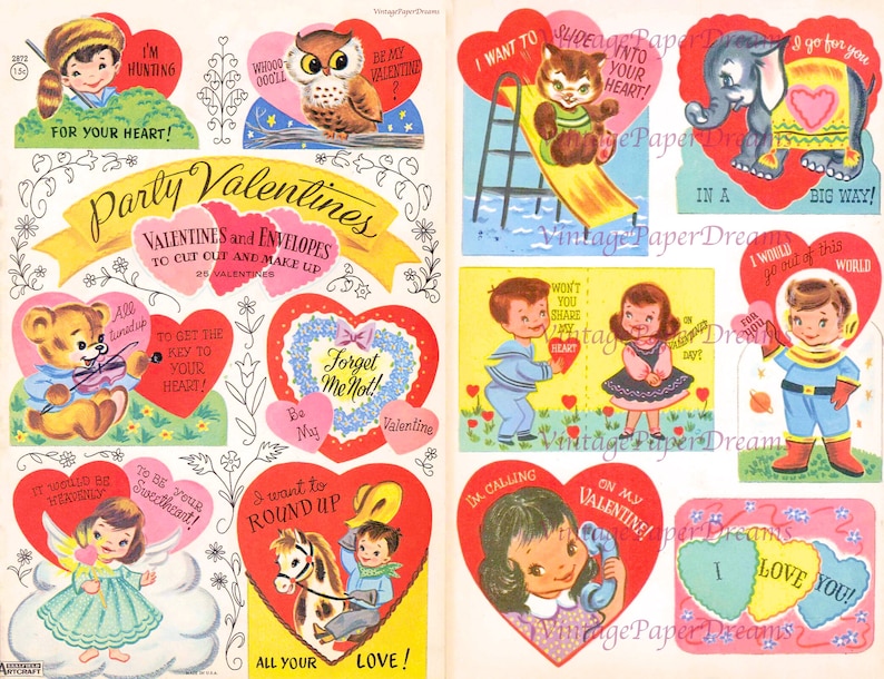 25 Vintage Valentines Card Printable PDF • 1950s Holiday Kid Valentine ...