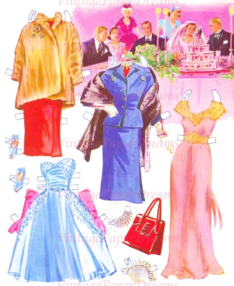 Vintage Paper Doll Printable Pdf Jpeg Pink Wedding 50s Etsy