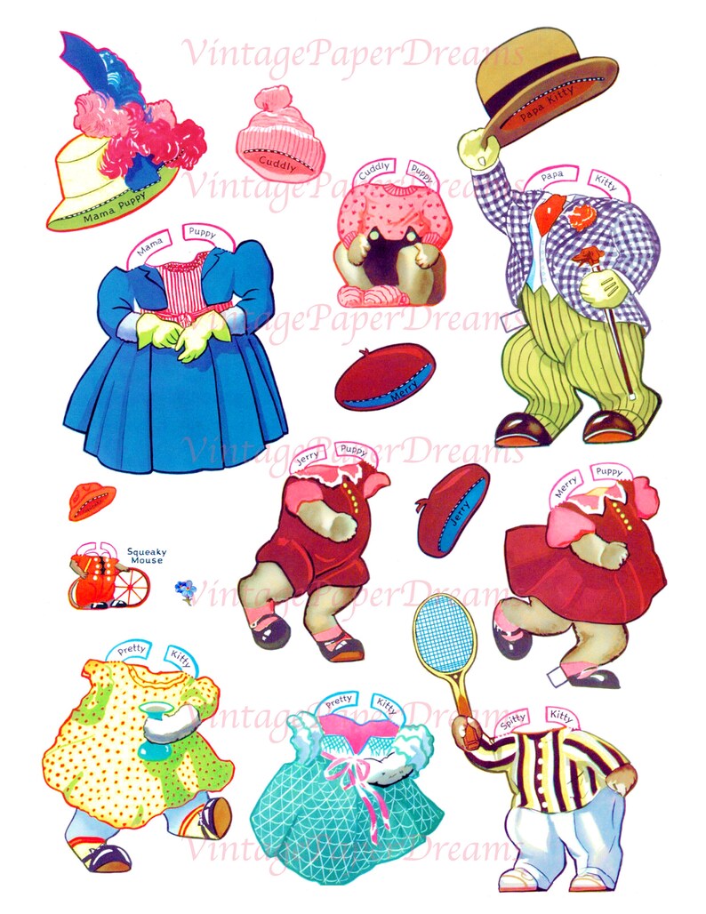 Vintage Paper Doll Printable PDF puppy Kitty Paper Doll JPEG - Etsy