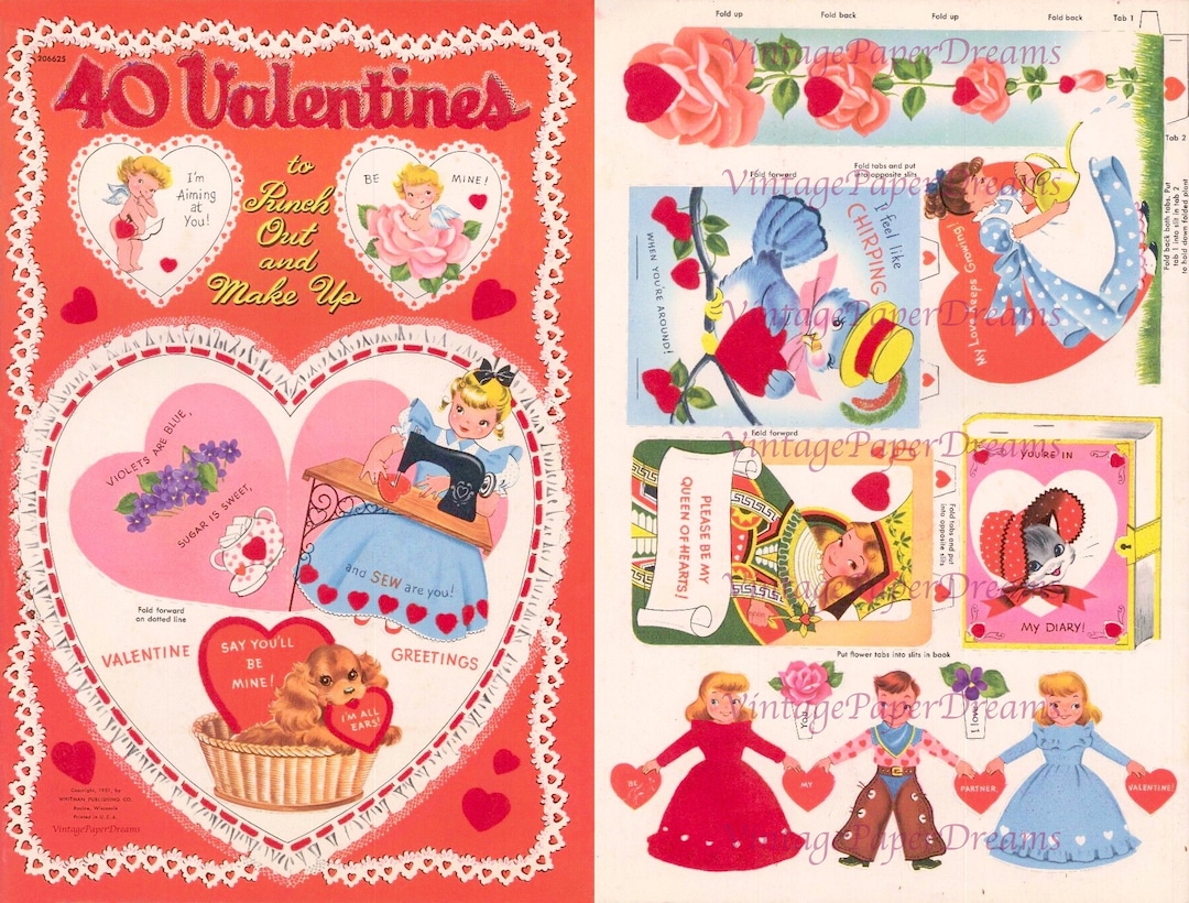 40 Vintage Valentines Card Printable PDF • 1950s Holiday Card Paper ...