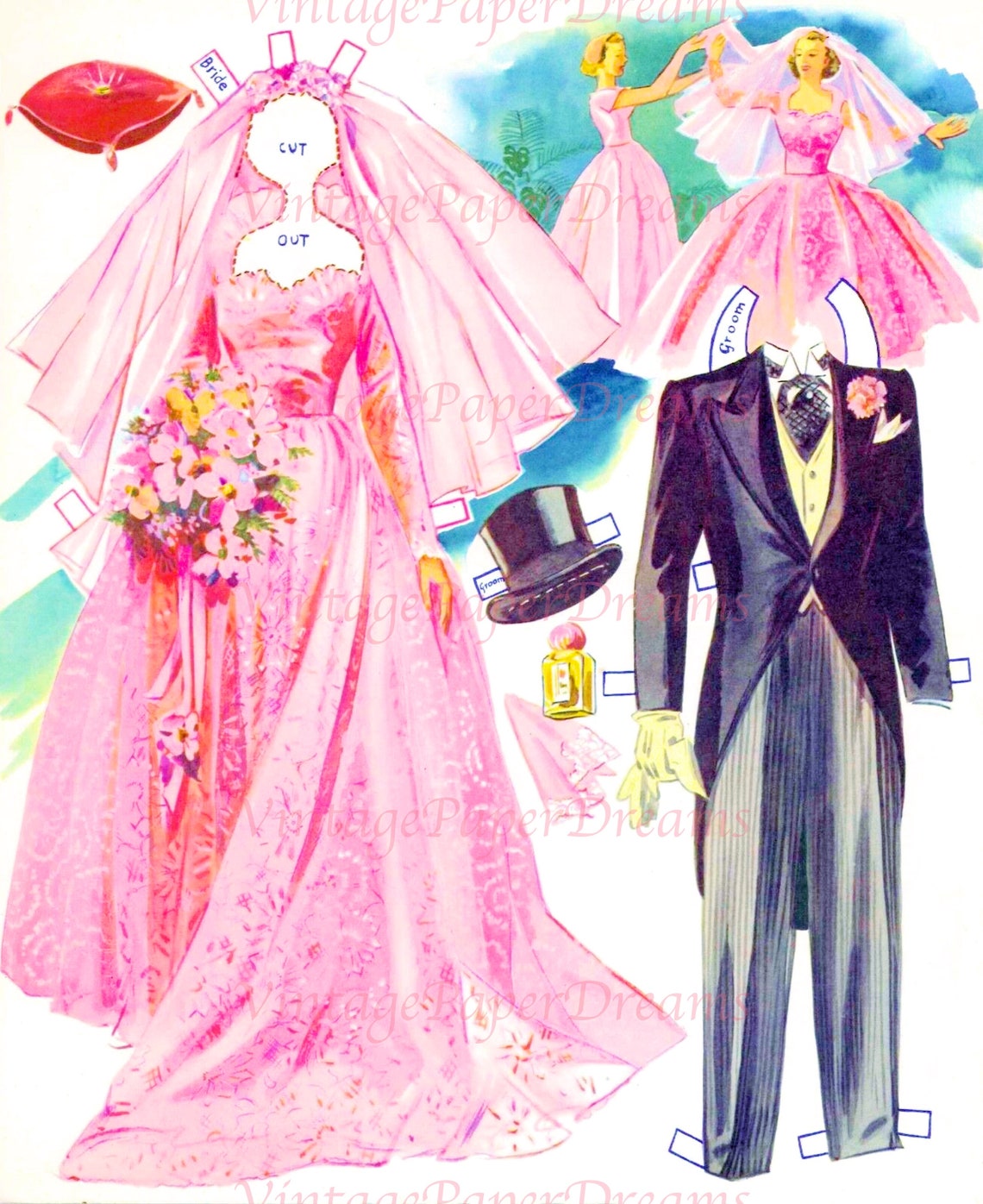 Vintage Paper Doll Printable PDF JPEG pink Wedding 50s - Etsy