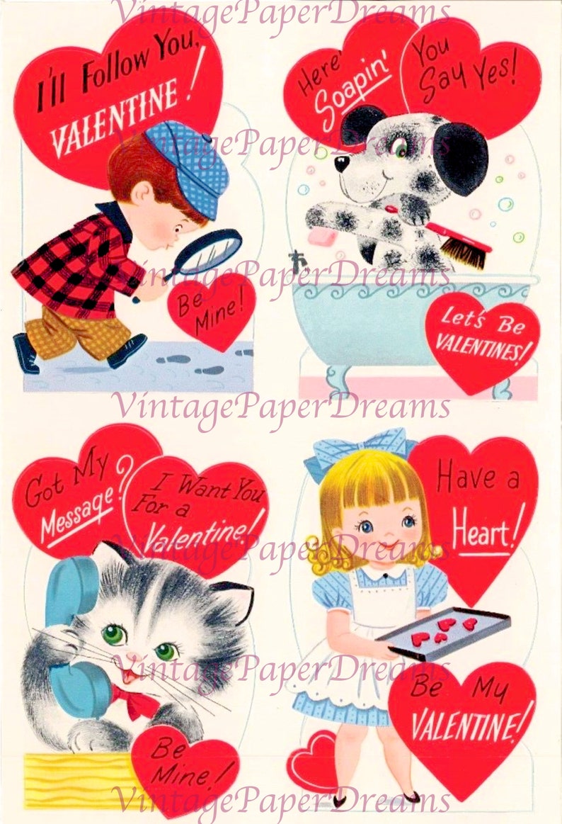 40 Vintage Valentines Card Printable PDF 1960s Holiday Card Paper Doll ...