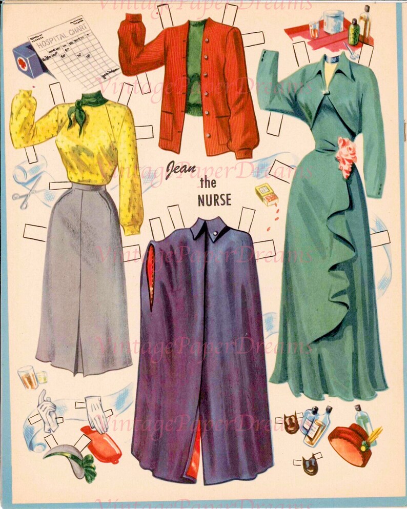 Vintage Paper Doll Printable PDF WWII Nurse Paper Doll JPEG 40s 1940s ...