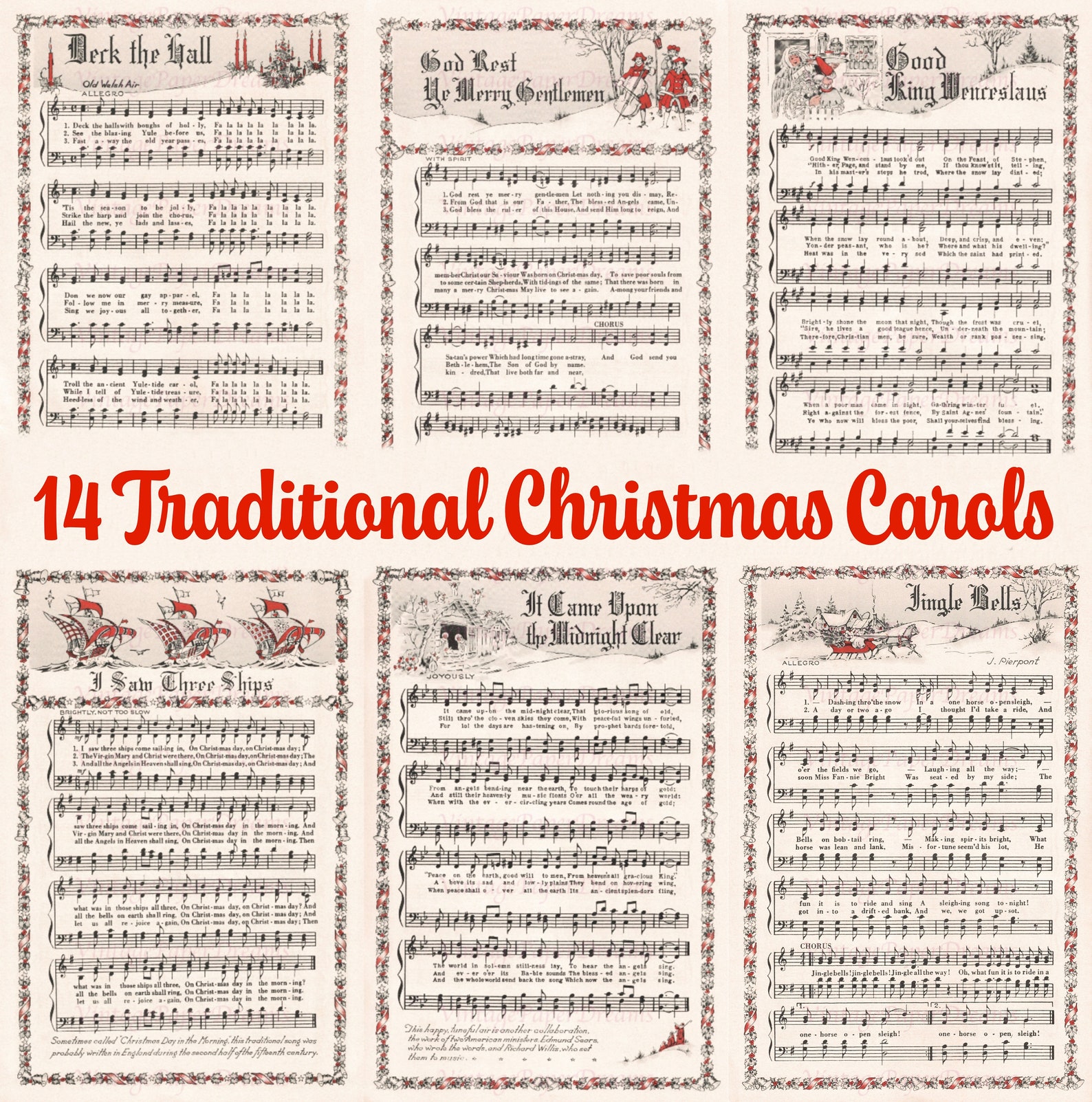 Vintage Printable Christmas Carol Sheet Music PDF Traditional Advent ...