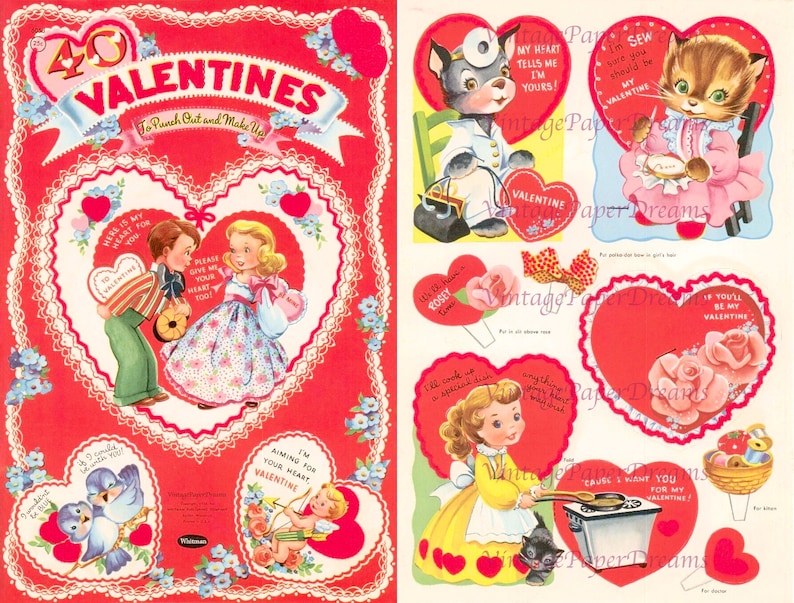 40 Vintage Valentines Card Printable PDF 1950s Holiday Card Paper Doll ...