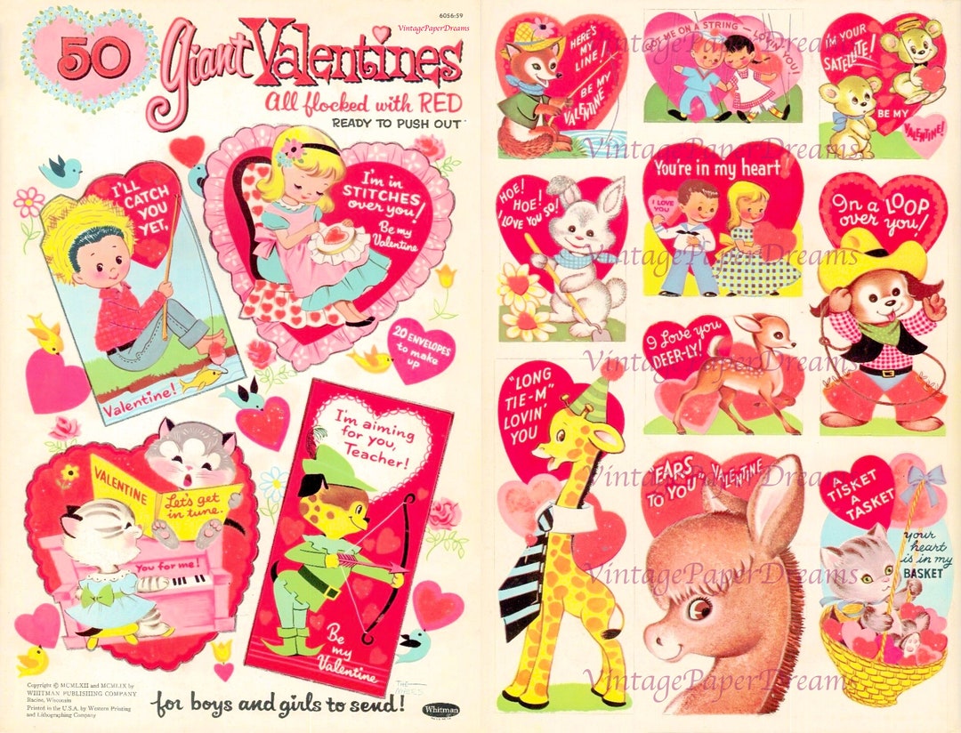 50 Vintage Valentines Book Printable PDF • 1950s Holiday Card Paper ...