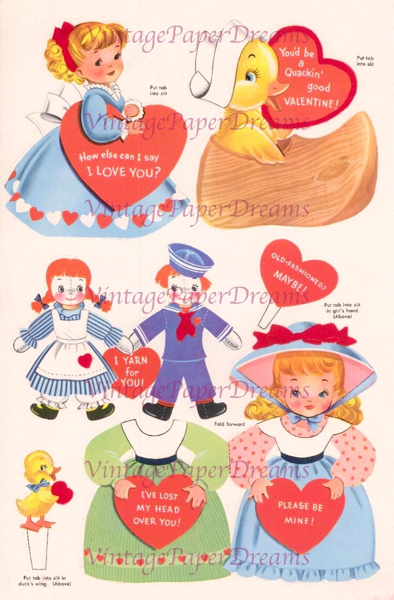 40 Vintage Valentines Card Printable PDF 1950s Holiday Card Paper Doll ...