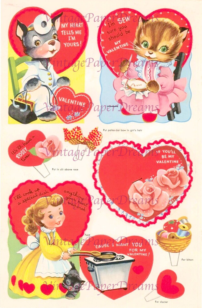 40 Vintage Valentines Card Printable PDF 1950s Holiday Card Paper Doll ...