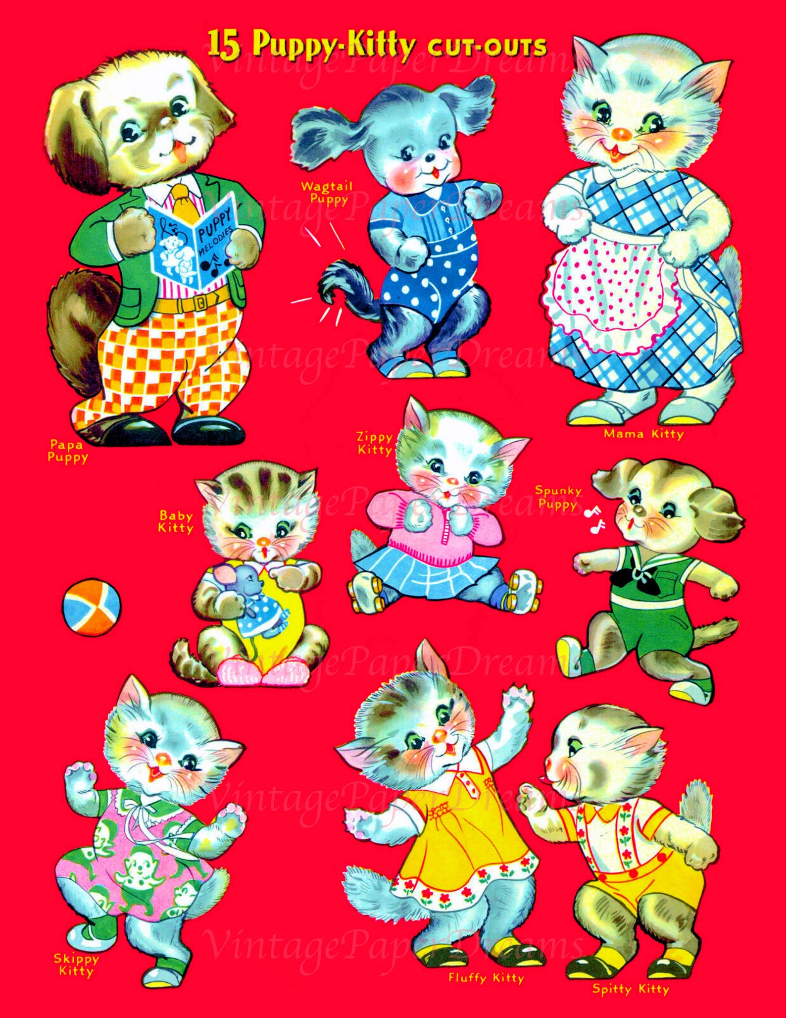 Vintage Paper Doll Printable PDF puppy Kitty Paper Doll JPEG - Etsy