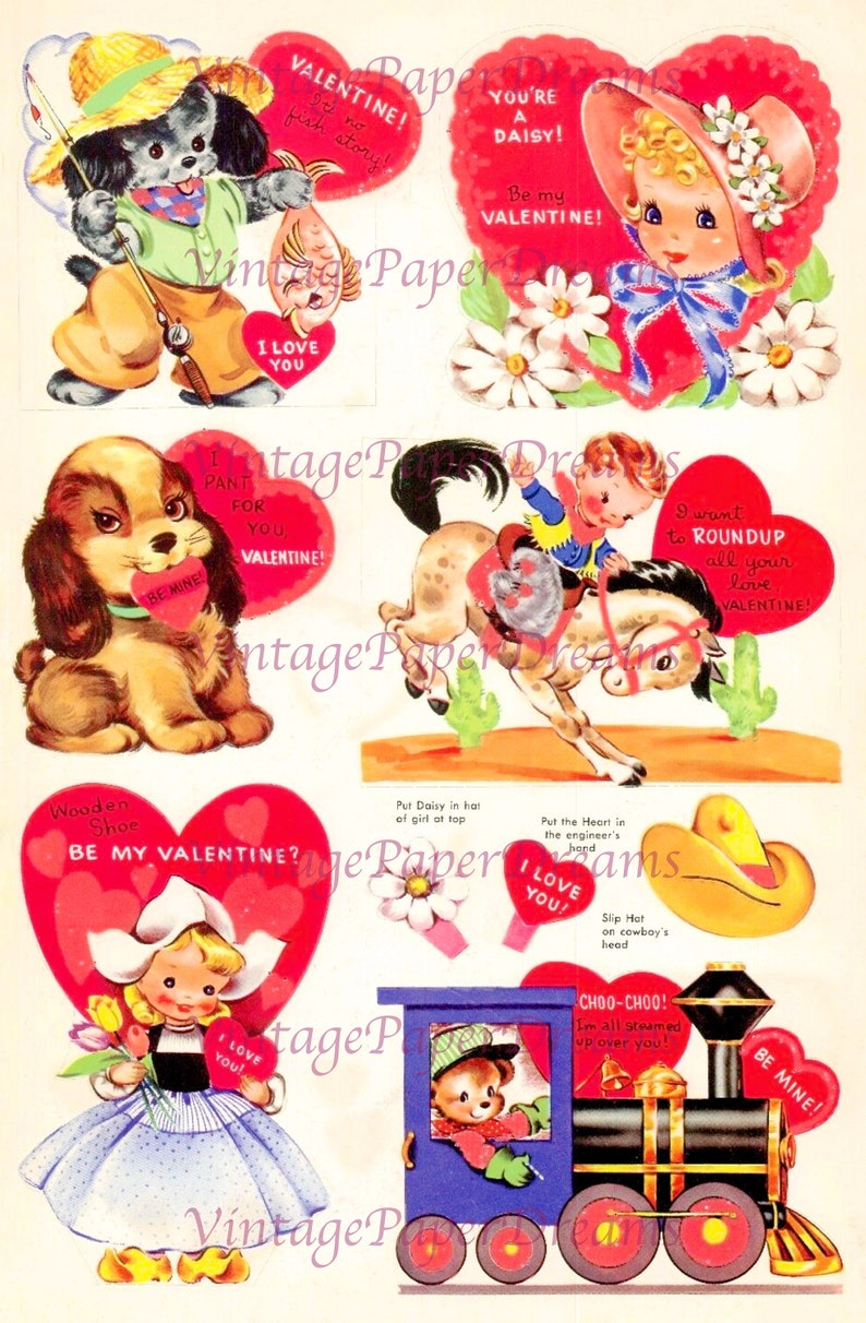 50 Vintage Valentines Book Printable PDF 1950s Holiday Card Paper Doll ...