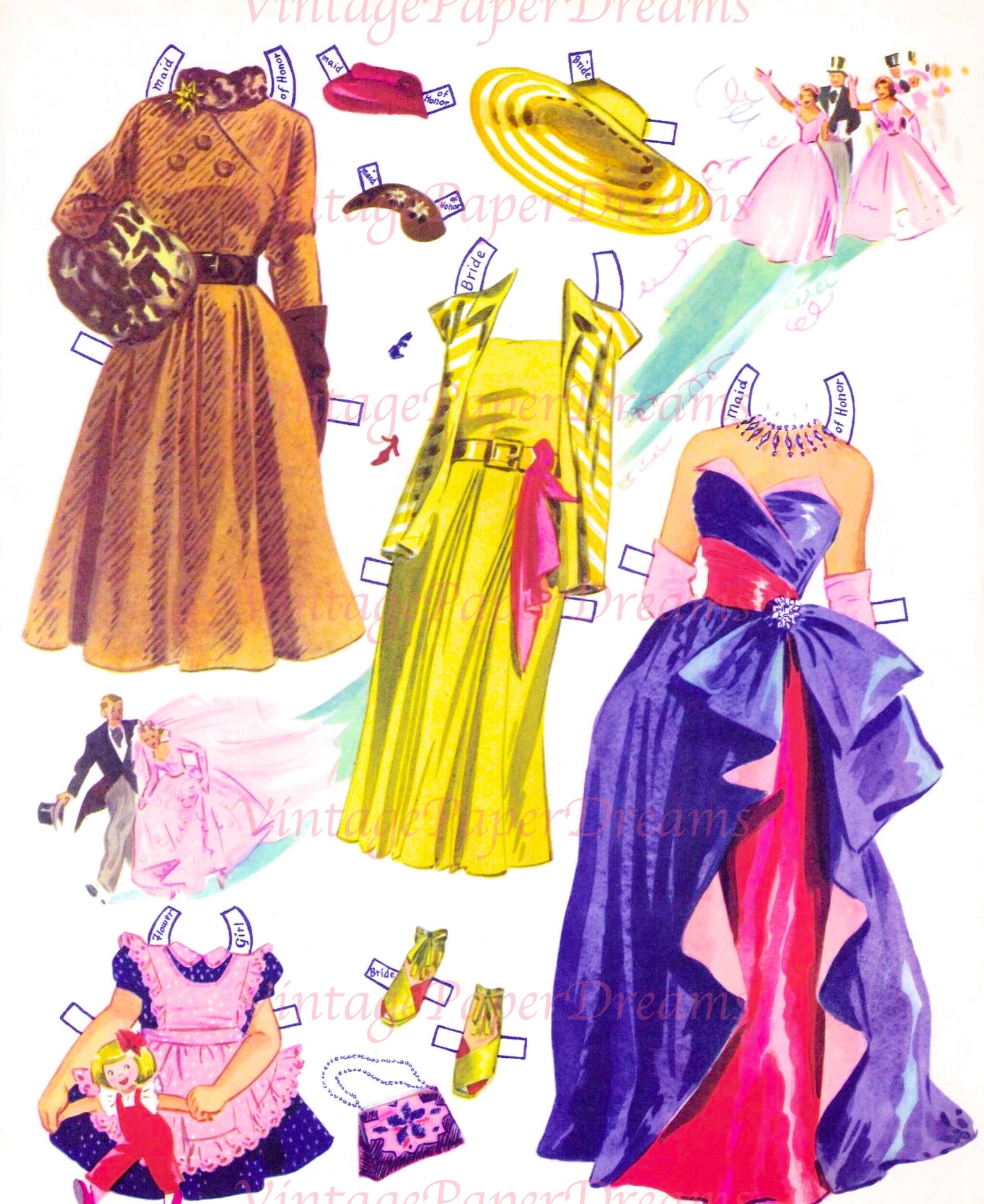 Vintage Paper Doll Printable PDF JPEG pink Wedding 50s 1950s Paper Doll Pattern Digital Download ...