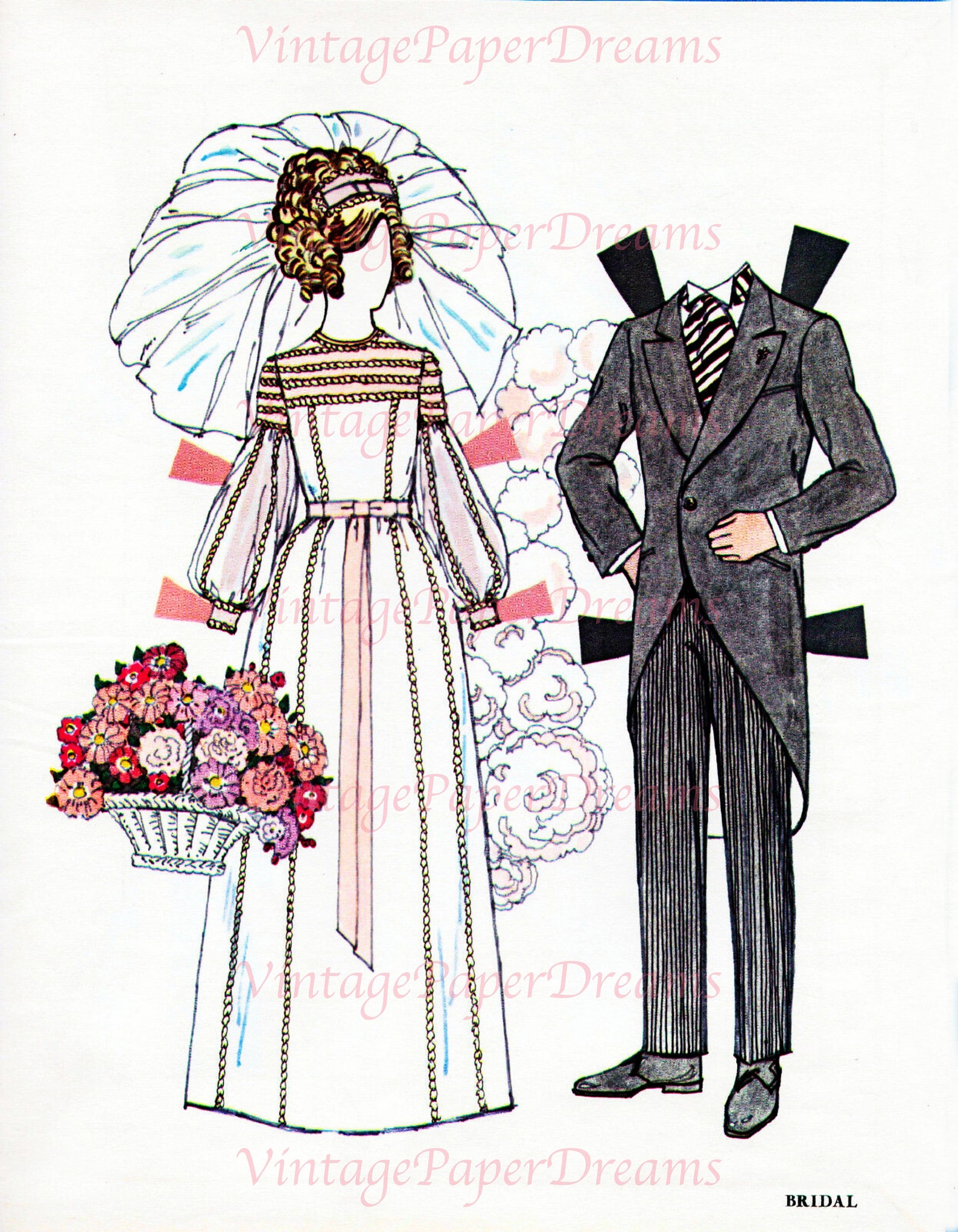 Vintage Wedding Paper Doll Printable PDF JPEG bridal Paper Doll 70s ...