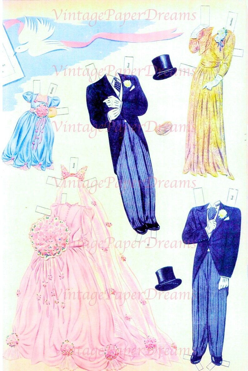 Vintage Paper Doll Printable PDF JPEG romantic Wedding 50s 1950s Paper Doll Pattern Digital ...