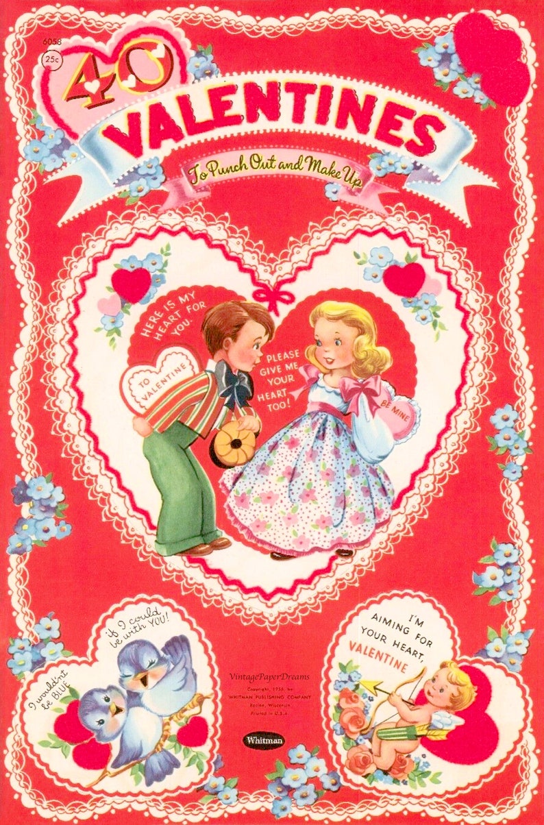 40 Vintage Valentines Card Printable PDF • 1950s Holiday Card Paper ...