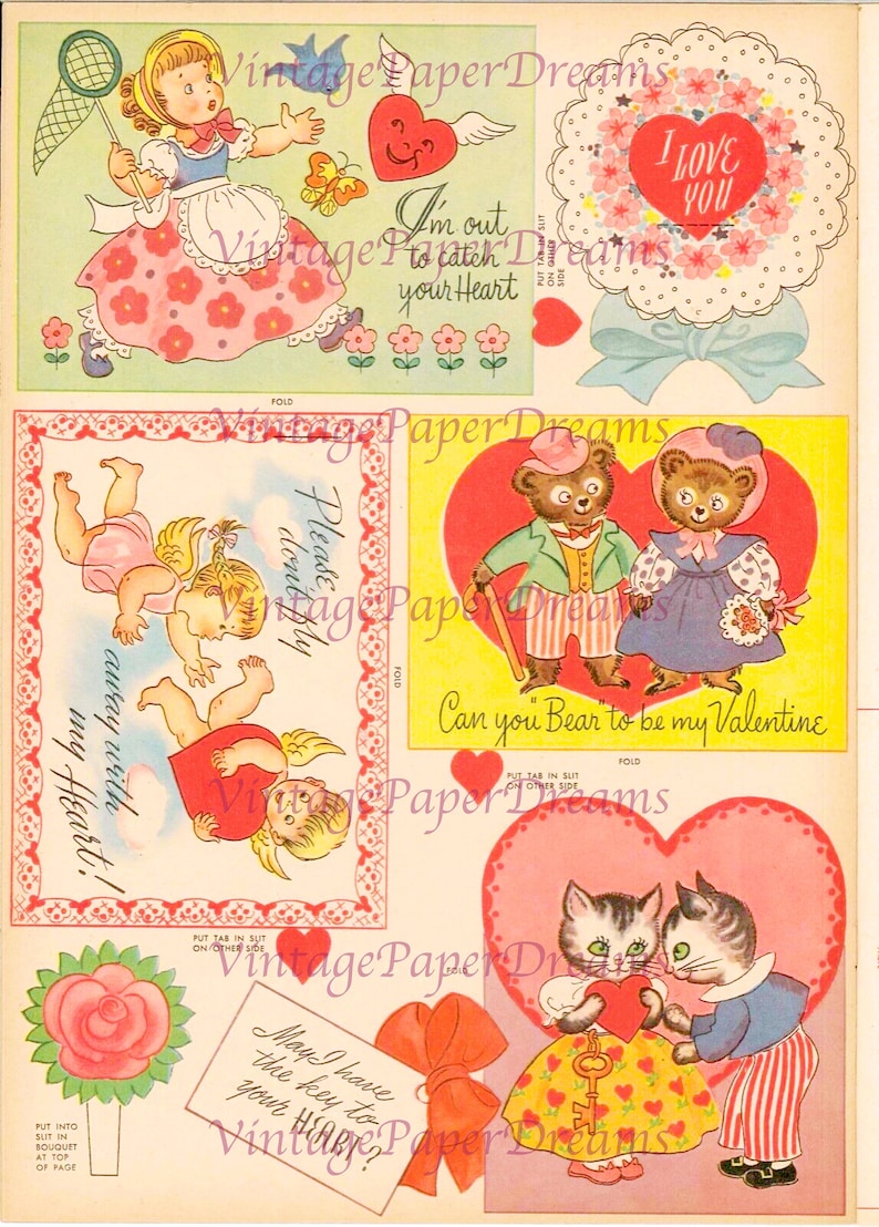 26 Vintage Valentines Card Printable PDF • 1940s Holiday Book Paper ...