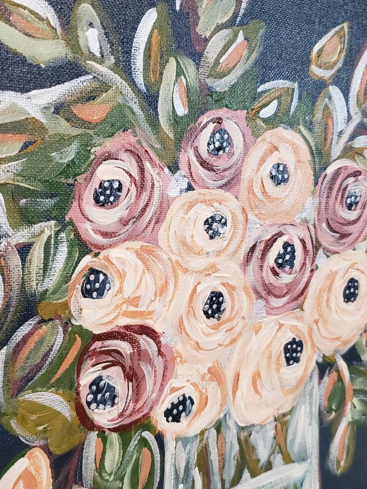 Abstract Floral Painting Original Vase of Flowers Roses Poppies Blooms ...