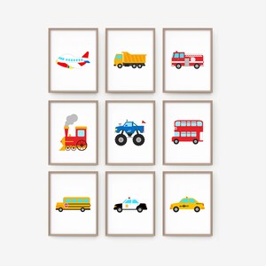 Transportation Wall Art, Set of 9 Vehicle Printable for Boys, Boy ...
