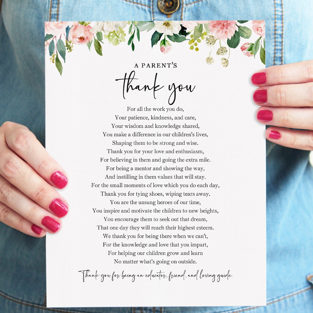 Teacher Appreciation Gift, A Parent's Thank You Original Poem, Keepsake ...