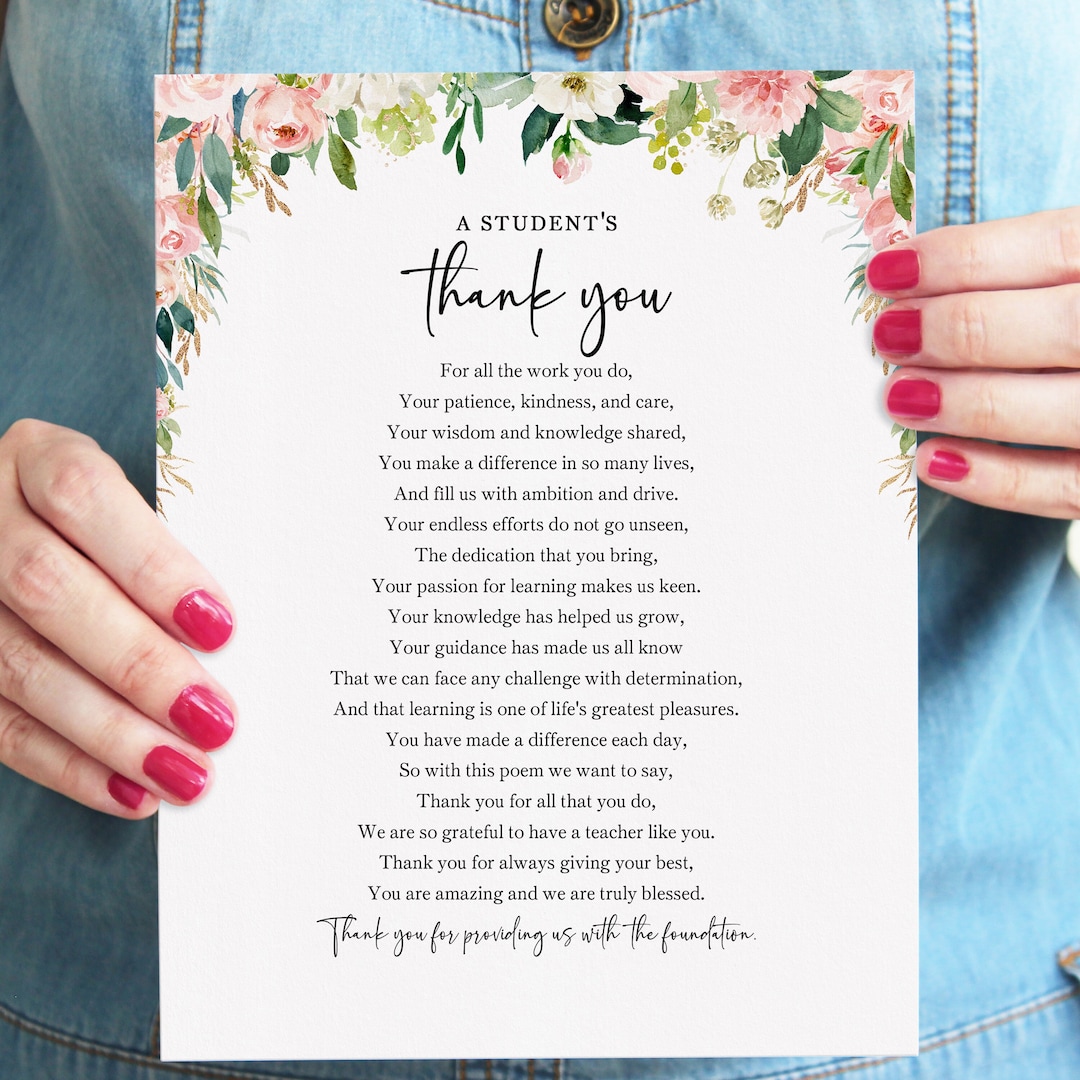 Teacher Appreciation Gift, A Student's Thank You Original Poem ...