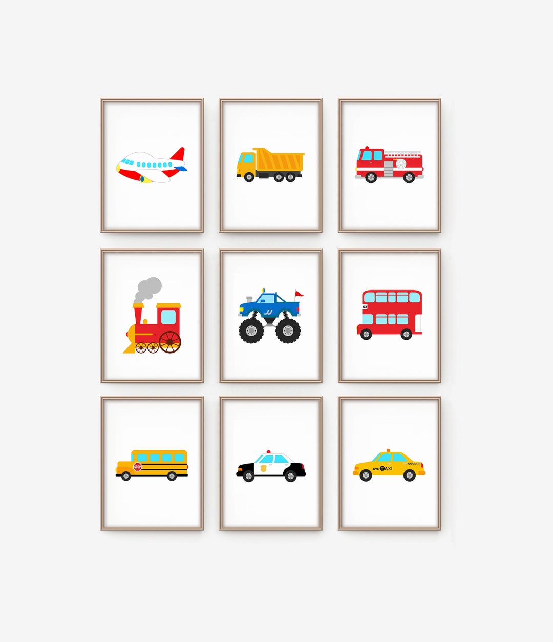 Transportation Wall Art, Set of 9 Vehicle Printable for Boys, Boy ...