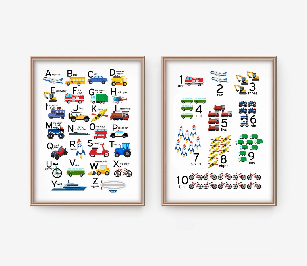 Transportation Alphabet Numbers Poster, ABC 123 Vehicle Wall Art ...