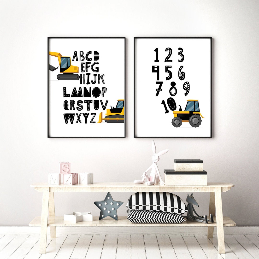 Construction Wall Art, Transportation Alphabet Numbers Poster ...