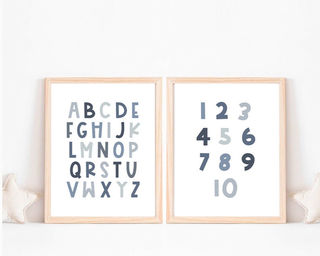 ABC 123 Printable, Set of 2 Educational Poster, Navy Blue and Gray ...