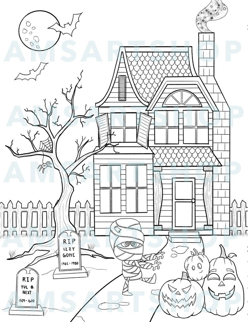Halloween Coloring Page Haunted House Halloween Fun - Etsy