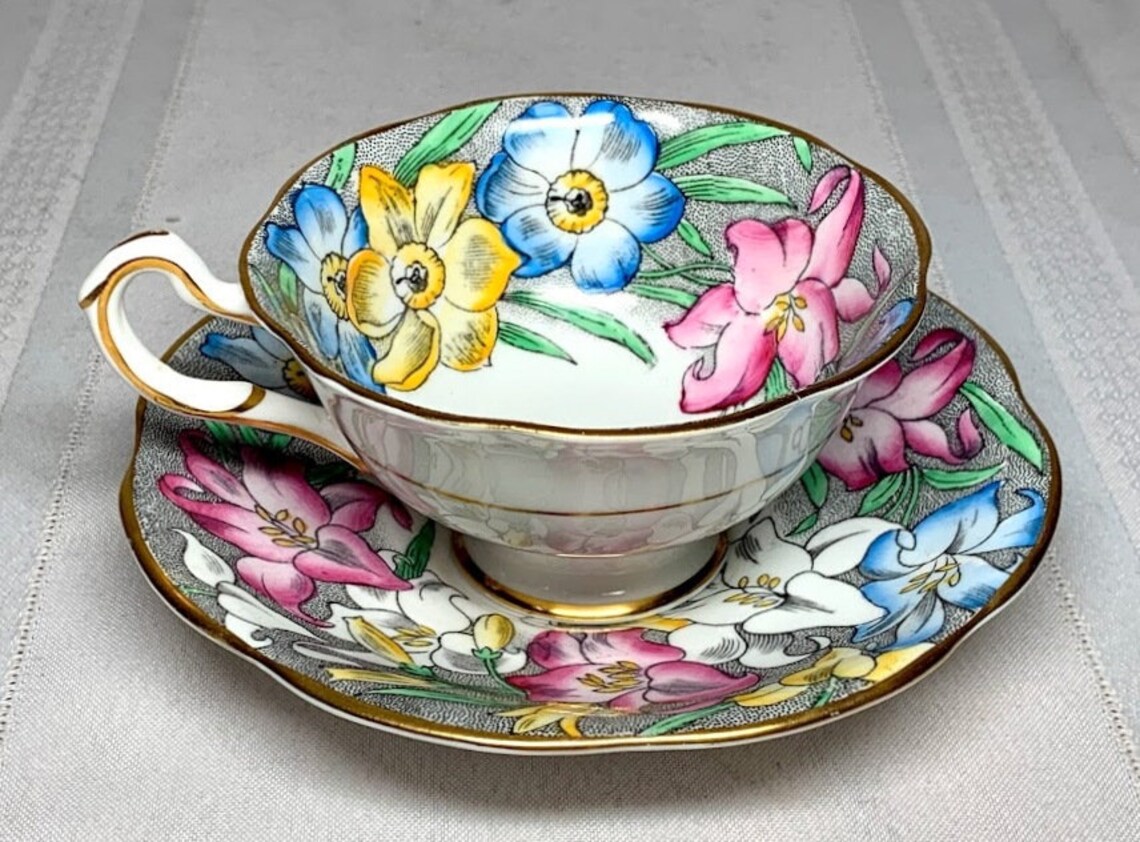 Rosina, Bone China, Tiger + Day Lilies, Spring Bulbs, Teacup & Saucer ...