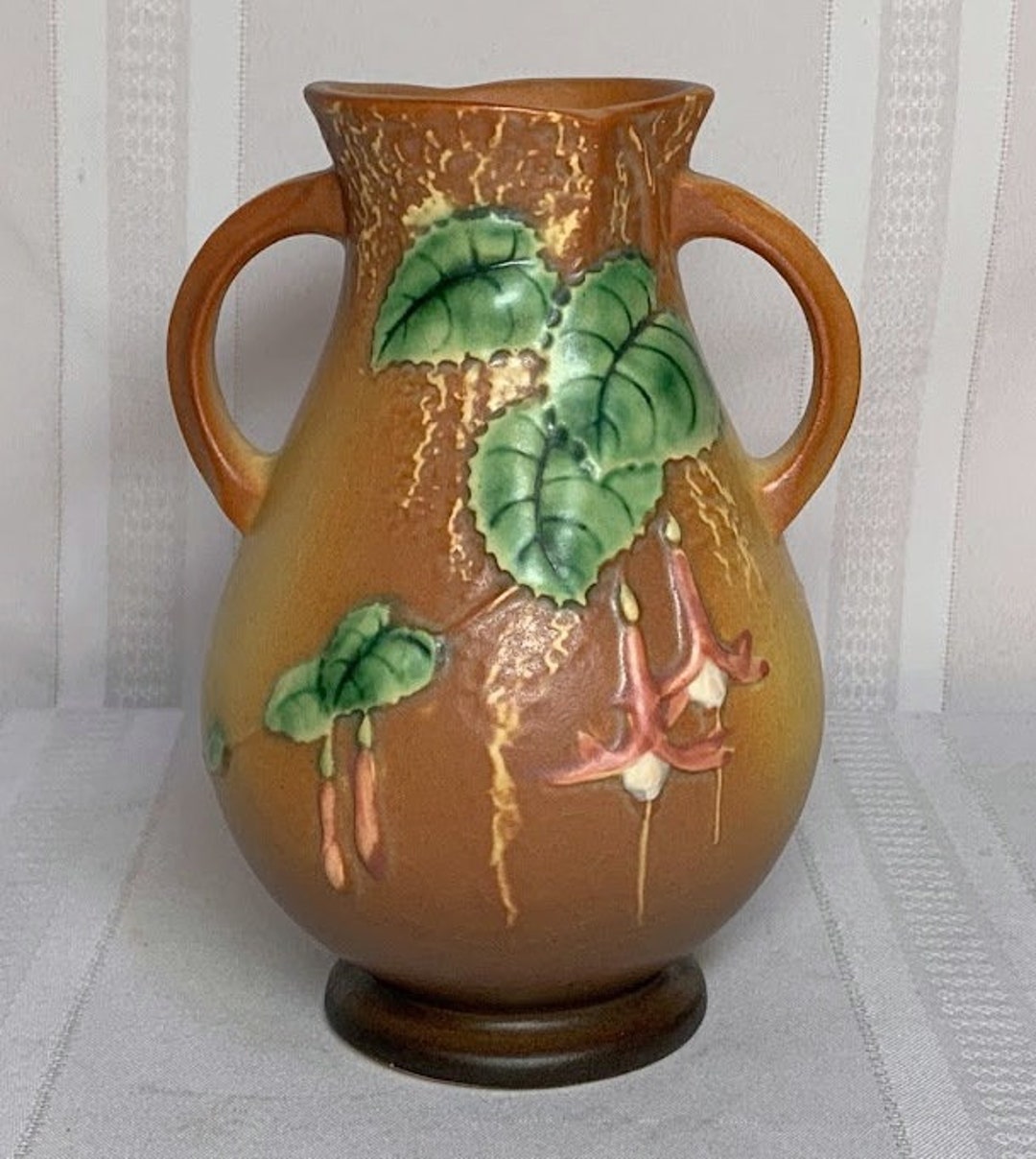 Roseville Pottery, Fuchsia, Brown Double Handled Vase, Crisp Definition ...