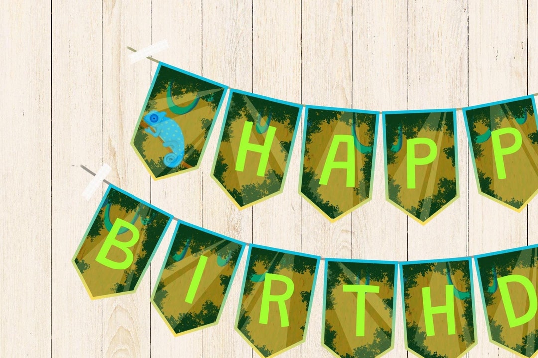 Printable Chameleon Birthday Party Banner Jungle Lizard Bunting Foliage ...