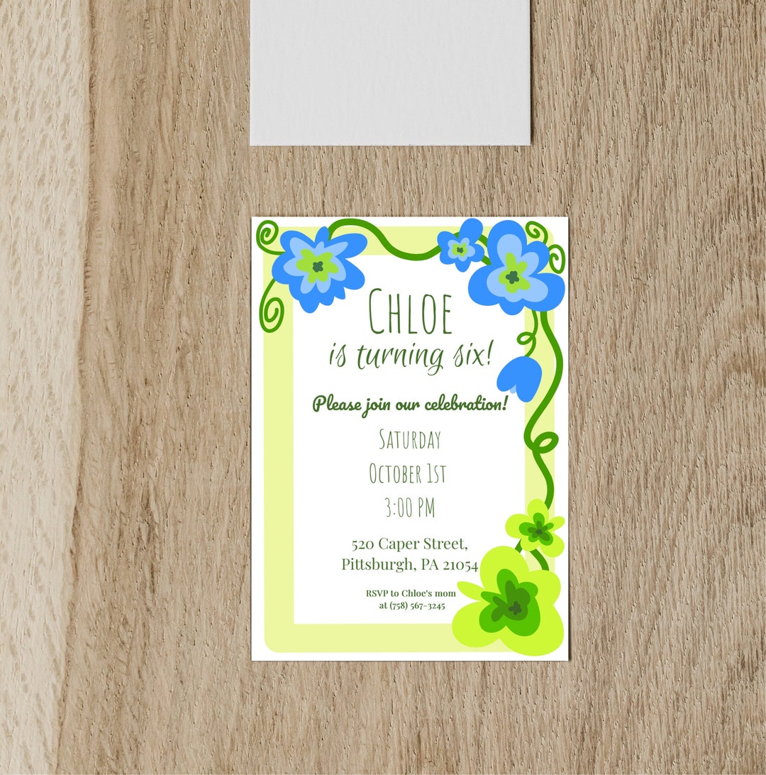 Printable Funky Blue and Green Flower Invitation - Cute Girl's Birthday ...