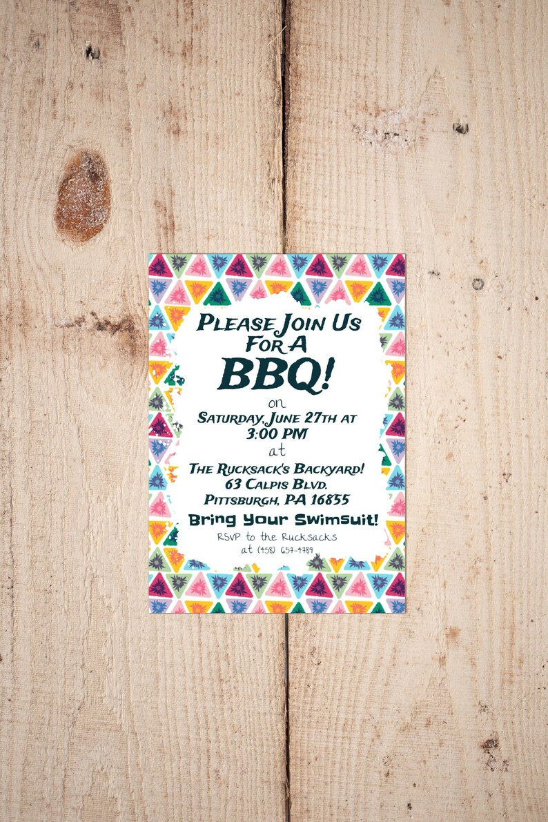 Printable Backyard BBQ Invitation Colorful Summer Pattern Invite Bright ...