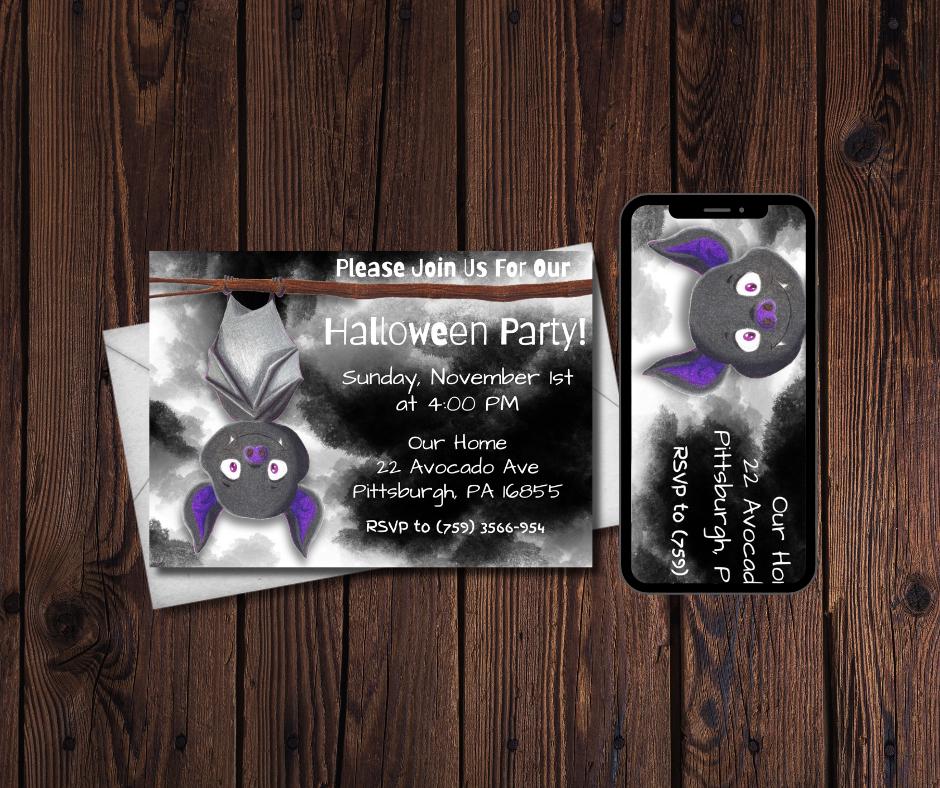 Printable Hanging Bat Party Invite - Silly Cartoon Halloween Bash ...