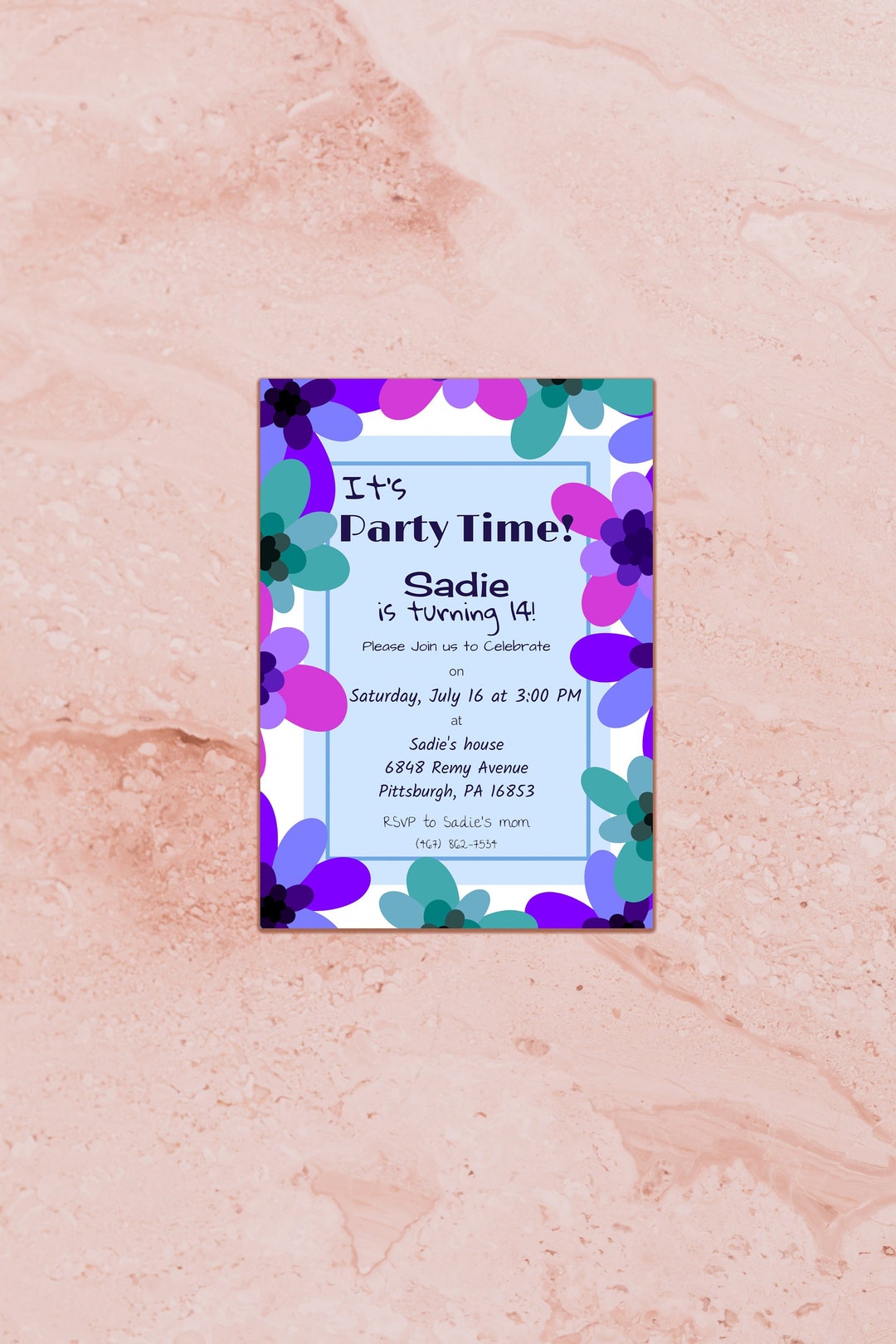 Printable Purple and Blue Flower Invite - Cute Cartoon Flower Border ...