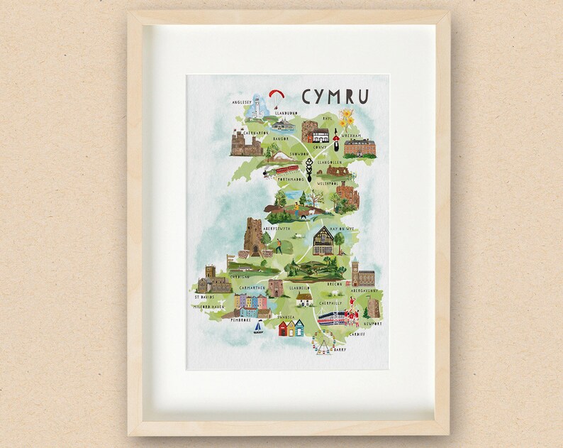 Cymru Welsh Map Print A4 Town Illustrations Wales Gifts - Etsy UK
