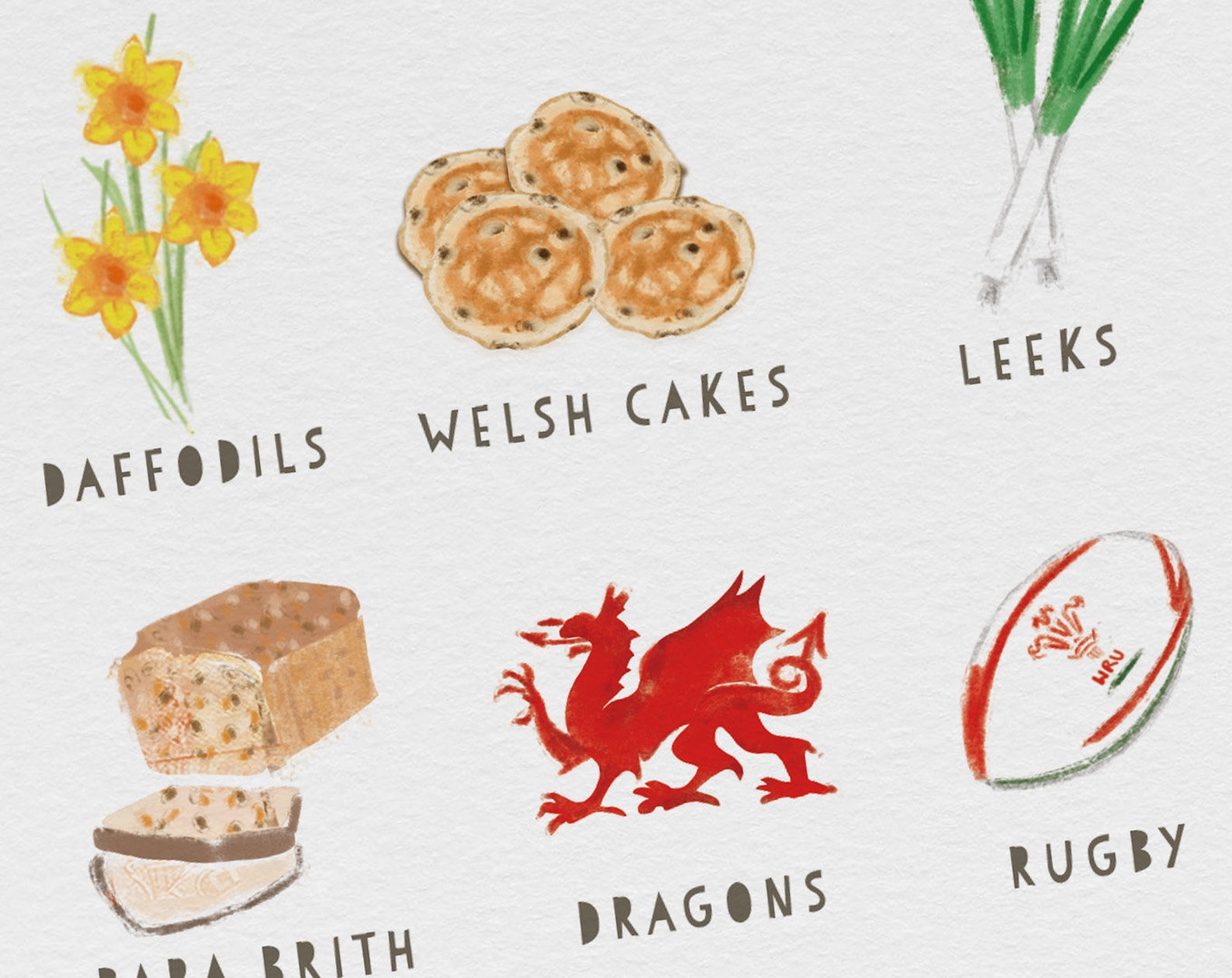 All Things Welsh Print A4 / A5 - Daffodils, Welsh Cakes, Leeks, Bara ...
