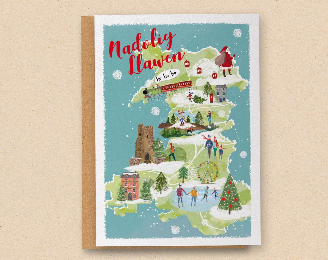 Nadolig Llawen - Illustrated Welsh Christmas Map, Welsh Christmas Card ...