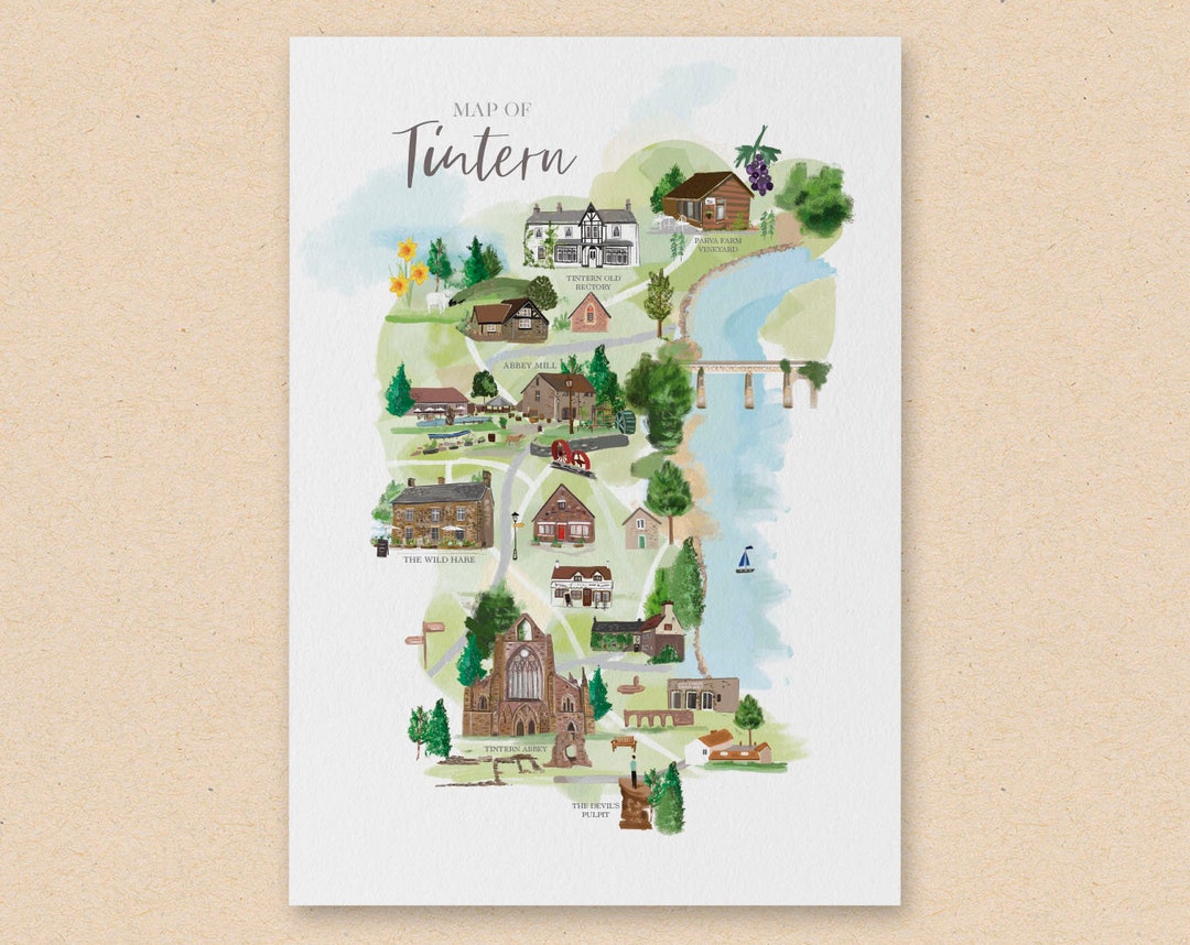 Tintern Illustrated Map Print A4 Welsh Village Welsh Gifts - Etsy France