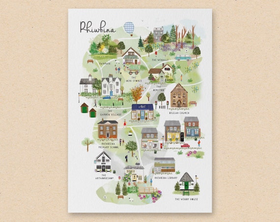 Rhiwbina Welsh Town Map Print A4 Town Illustrations Wales | Etsy