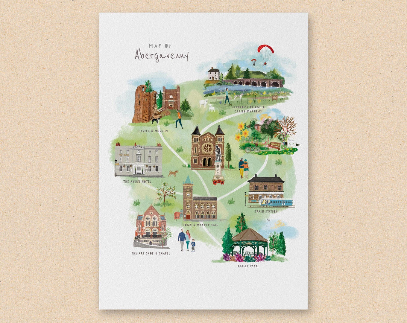 Abergavenny Illustrated Map Print A4 - Welsh Town, Welsh Gifts, Market ...