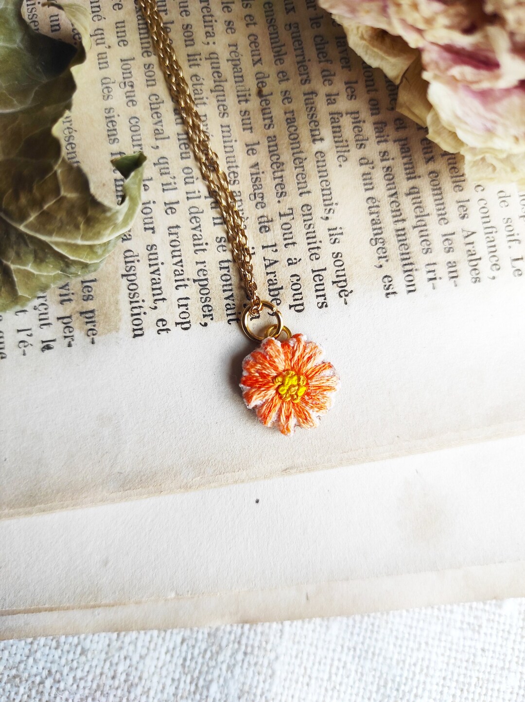 Necklace With a Hand-embroidered Orange Flower and Unique Piece - Etsy