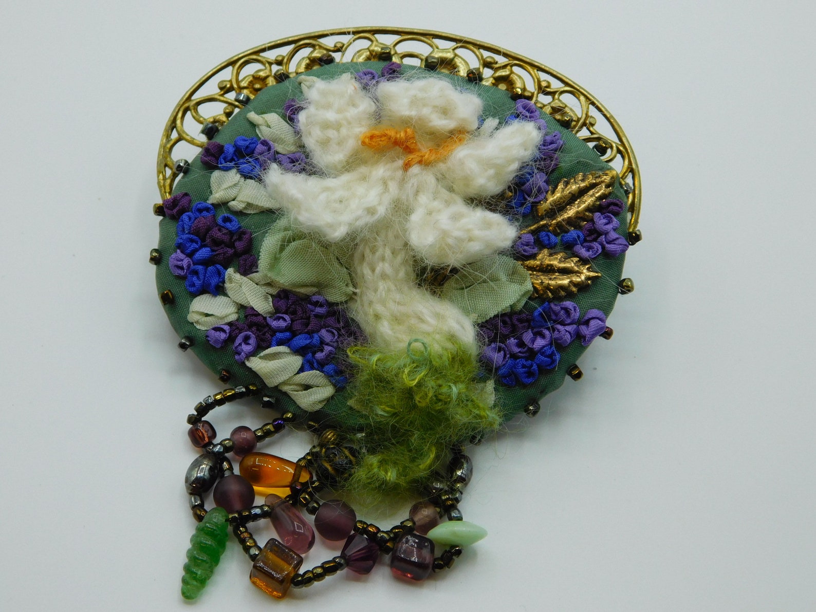 Handmade Fiber Art/ribbon Art Floral Brooch W/vintage Filigree Back and ...