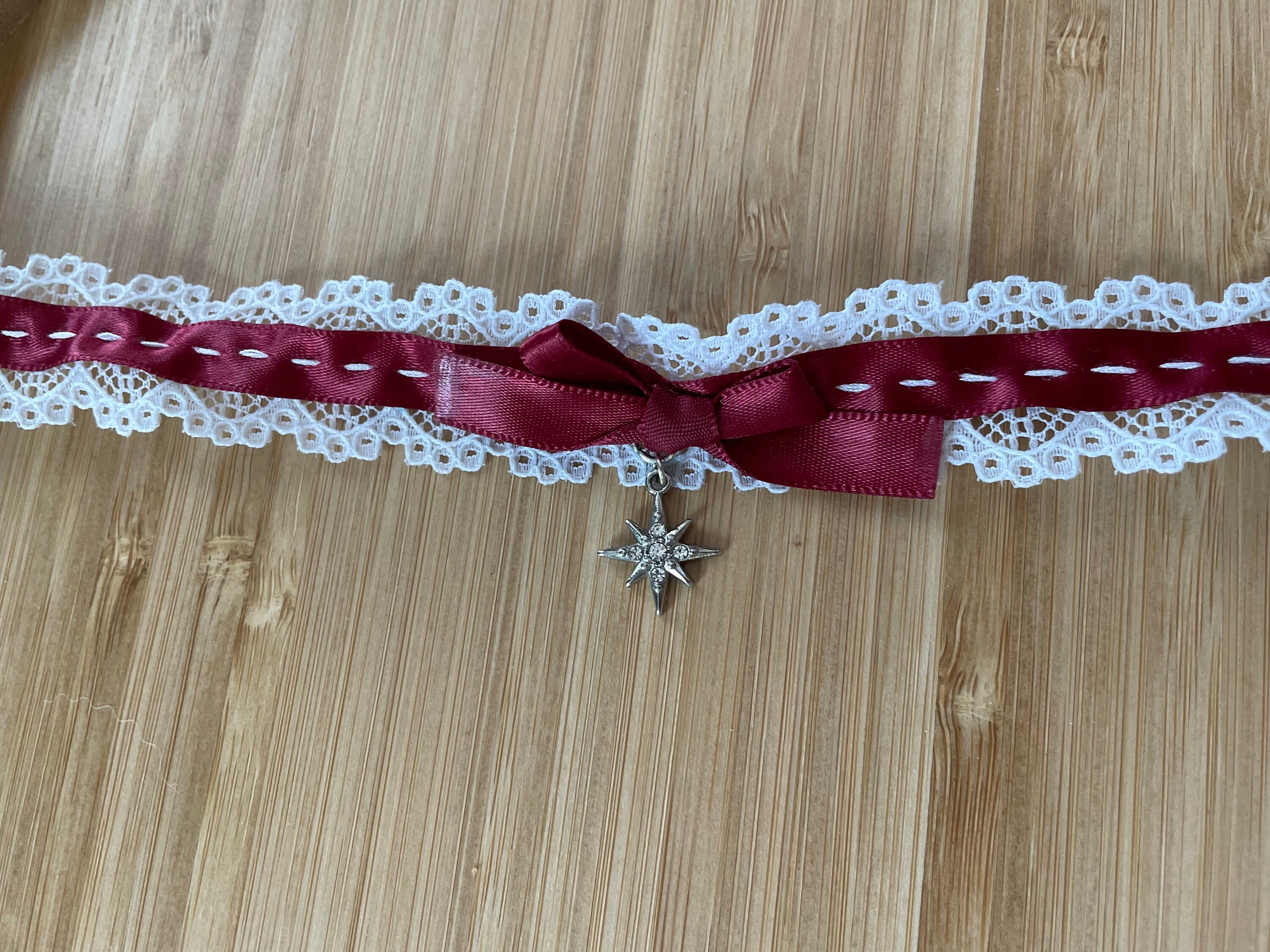 Sparking Star Choker With Deep Red Ribbon and White Lace and Hand Sewn ...