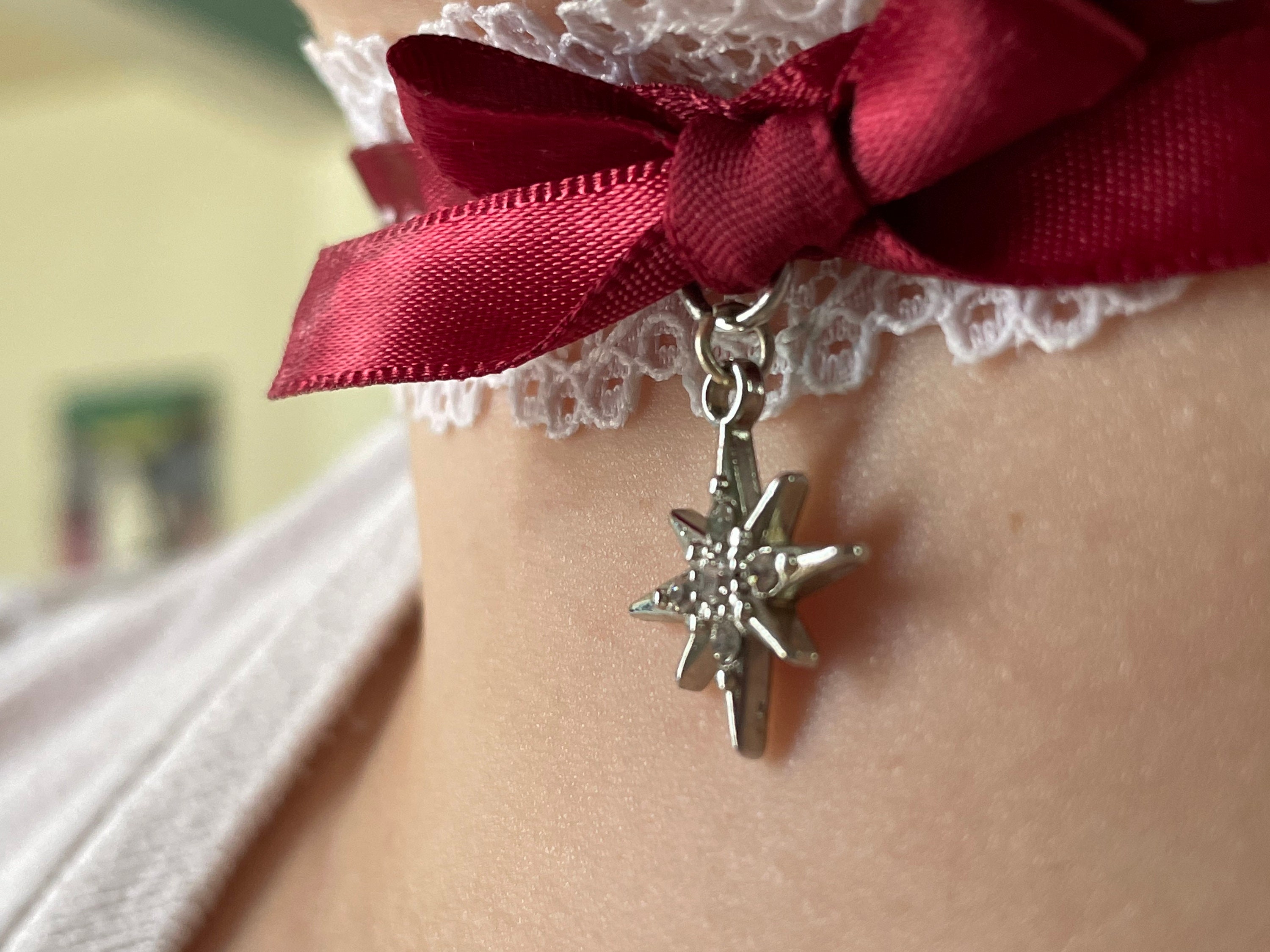 Sparking Star Choker With Deep Red Ribbon and White Lace and Hand Sewn ...
